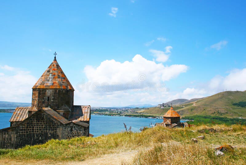 Sevanavank and lake Sevan stock photo. Image of city - 26865508