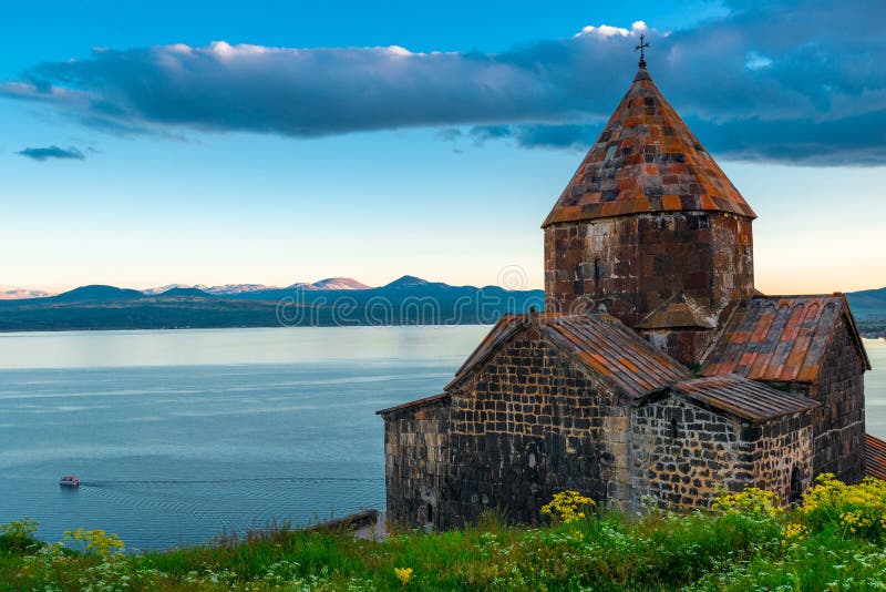 Sevanavank Monastery and Lake Sevan. Dramatic Sky at Sunset Stock Photo - Image of armenian ...