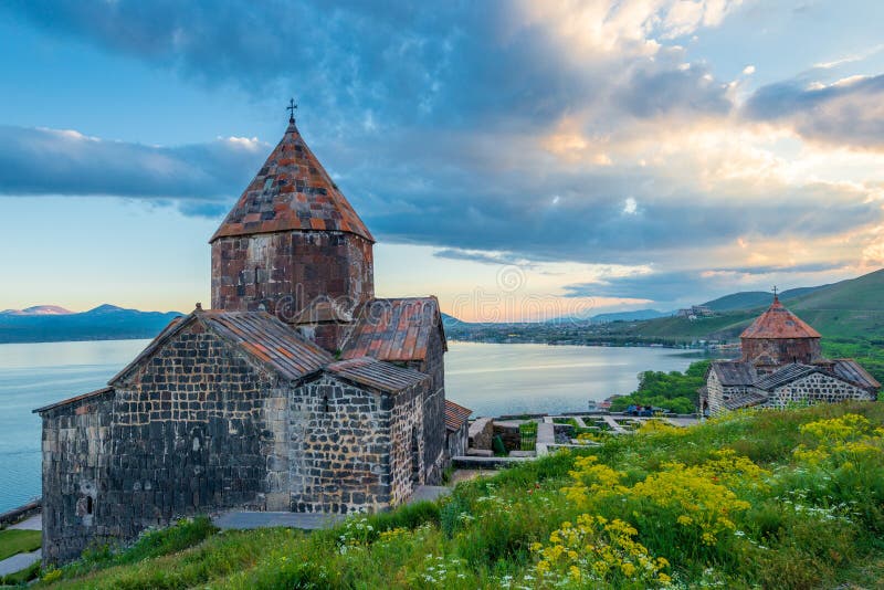 Sevanavank Monastery in the Summer at Sunset, Dramatic Sky Over Lake Sevan Stock Photo - Image ...