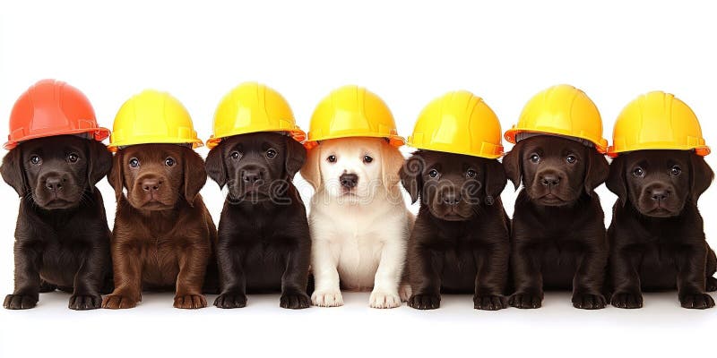 Seven Adorable Labrador Puppies in a Row Wearing Construction Helmets ...