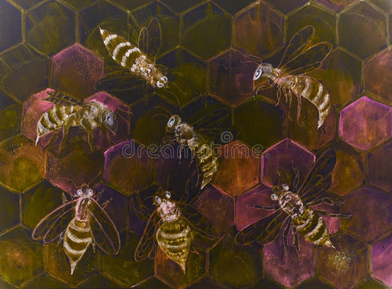 Seven Bees in Hexagon Construction. Stock Illustration - Illustration ...