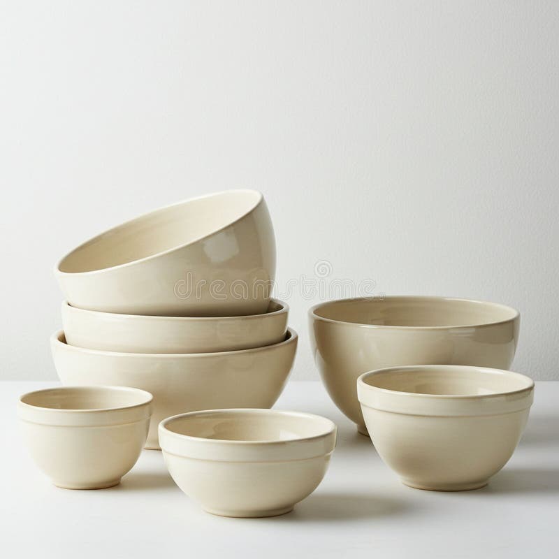 Seven Beige Ceramic Bowls of Varying Sizes Arranged in a Stack and ...