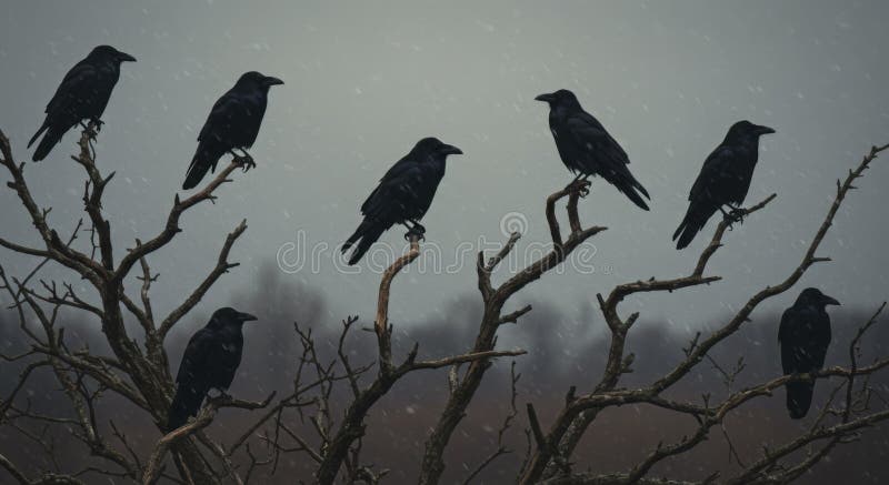 Seven Black Crows Perched on a Bare Tree in Snowy Winter Stock ...
