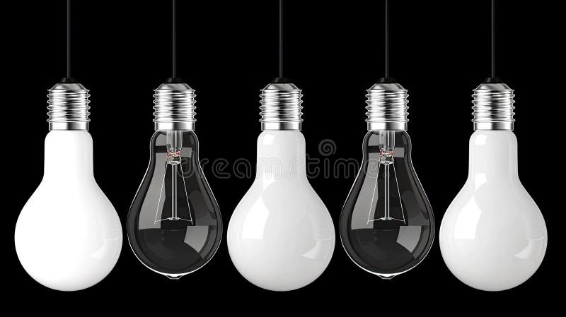 Seven Black Light Bulbs with Glowing Filaments Hang Against a Dark ...