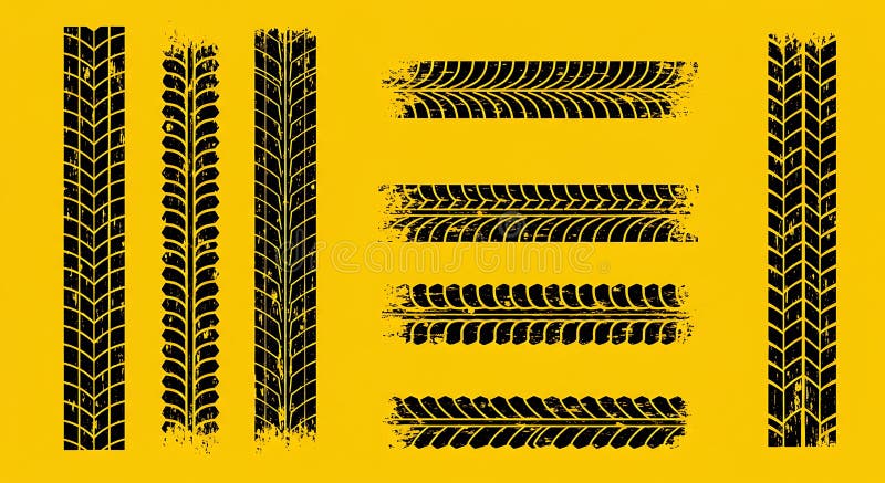 Seven Black Tire Tread Patterns are Displayed on a Bright Yellow ...