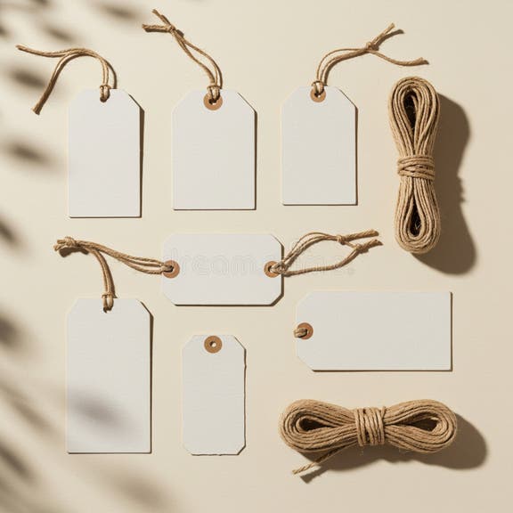 Seven Blank, Rectangular Paper Tags with Angled Corners and Brown ...