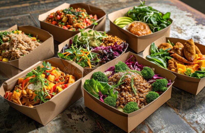 Seven Boxes with Different Types of Meals Stock Image - Image of meals ...