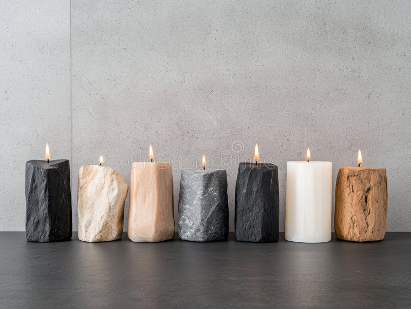 Seven Candles of Different Colors and Textures Sit on a Dark Surface ...