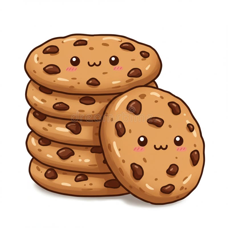 Seven Cartoon Chocolate Chip Cookies with Cute, Smiling Faces and ...