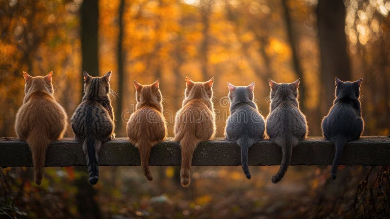 Seven Cats Sitting on a Fence in Autumn Forest at Sunset Stock Image ...