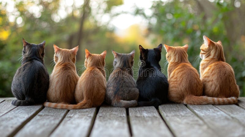 Seven Cats Sitting on Wooden Deck in Nature Stock Photo - Image of ...