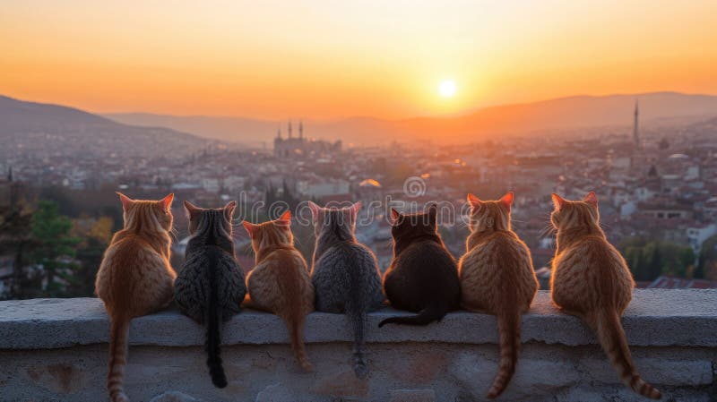 Seven Cats Watching Sunset Over City Skyline Stock Photo - Image of ...