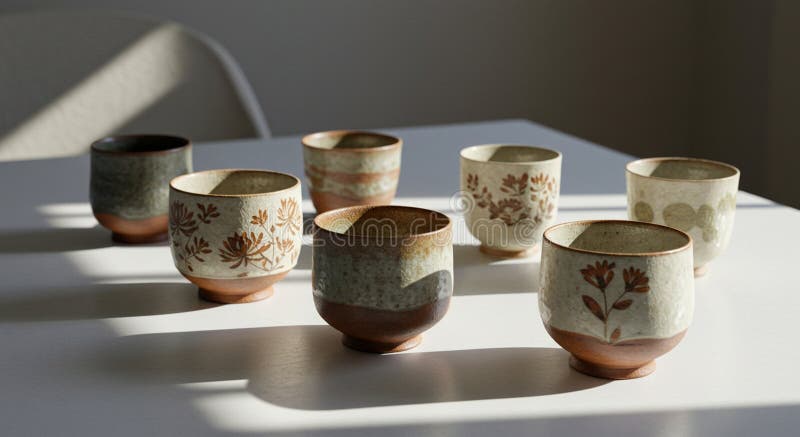 Seven Ceramic Cups with Floral and Geometric Designs are Arranged on a ...