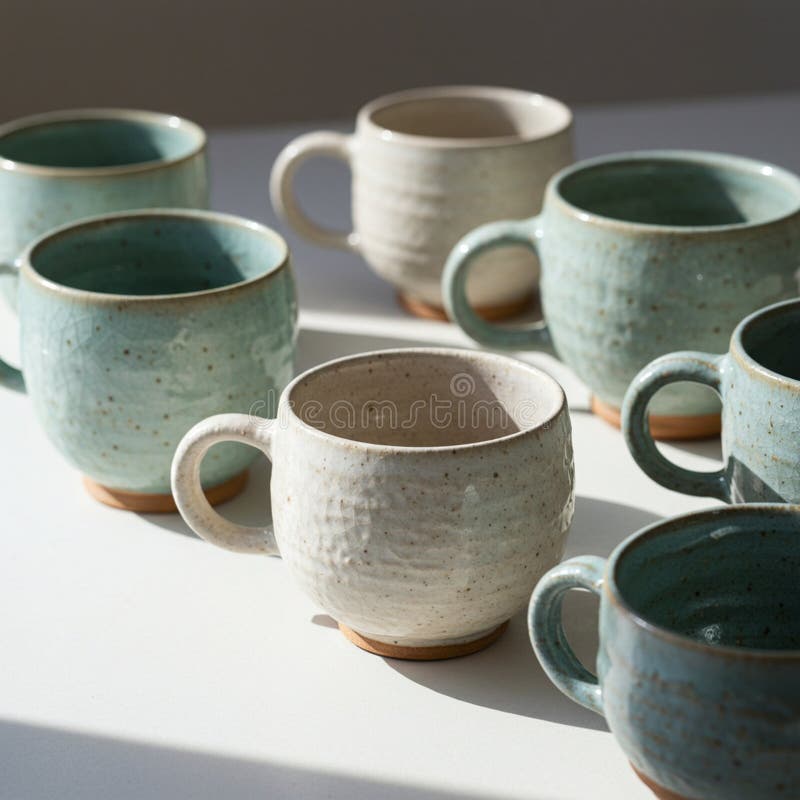Seven Ceramic Mugs are Arranged on a White Surface, Featuring a Mix of ...