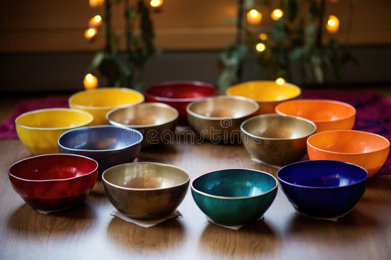 Seven Chakra Singing Bowls Arranged in a Circle Stock Photo - Image of ...