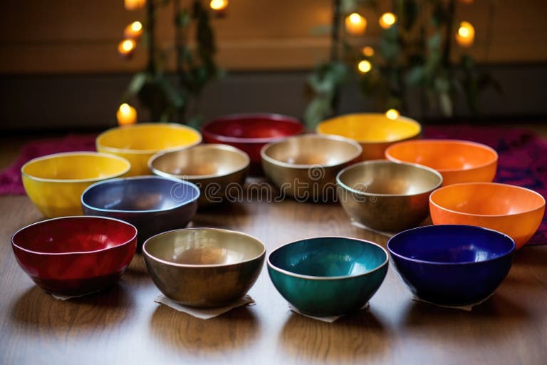 Seven Chakra Singing Bowls Arranged in a Circle Stock Photo - Image of ...