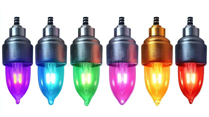 Seven Colorful LED Light Bulbs in Metallic Casings, Isolated on White ...