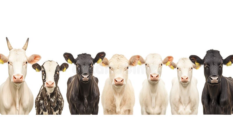 Seven Cows of Different Breeds in a Row Against White Background Stock ...