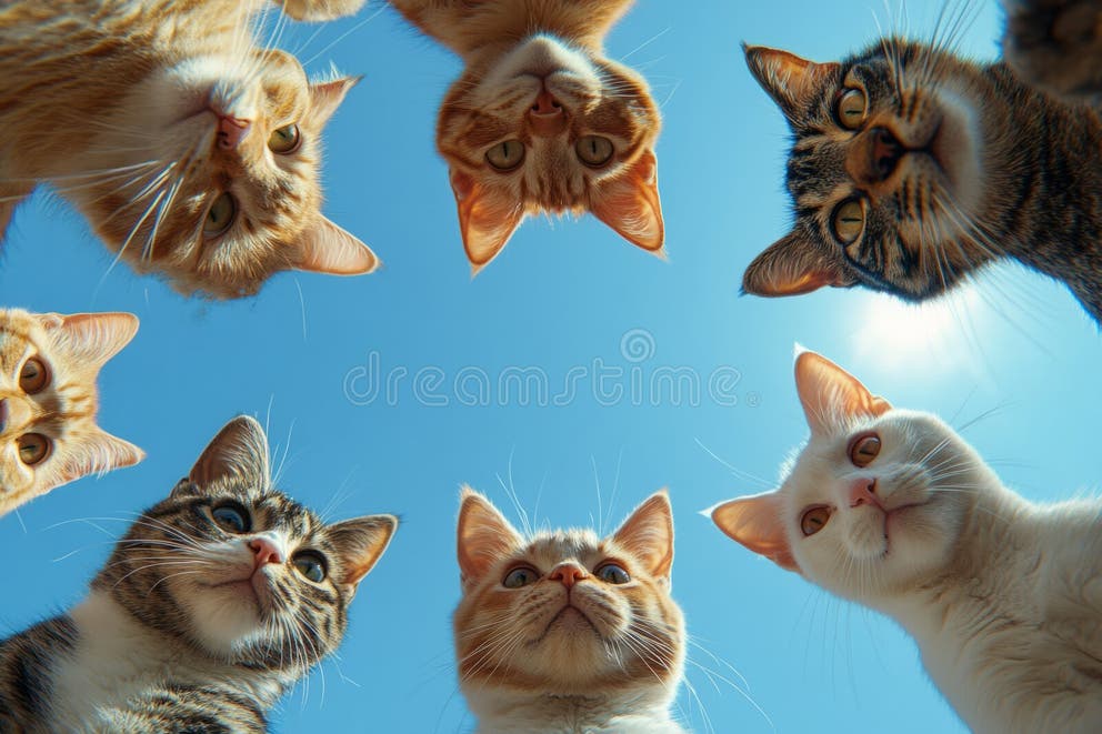 Seven Curious Cats Forming a Circle and Looking Up at a Blue Sky Stock ...
