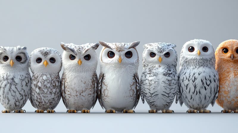 Seven Cute Cartoon Owls in a Row, Looking Forward Stock Illustration ...