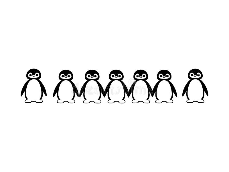 Seven Cute Penguins Standing Together Holding Hands in a Line Stock ...