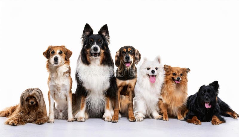 Seven Different Dog Breeds in a White Studio Background Stock Photo ...
