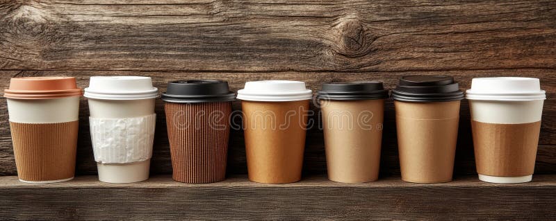 Seven Disposable Coffee Cups on Wood, Composition, Packaging, Coffee ...