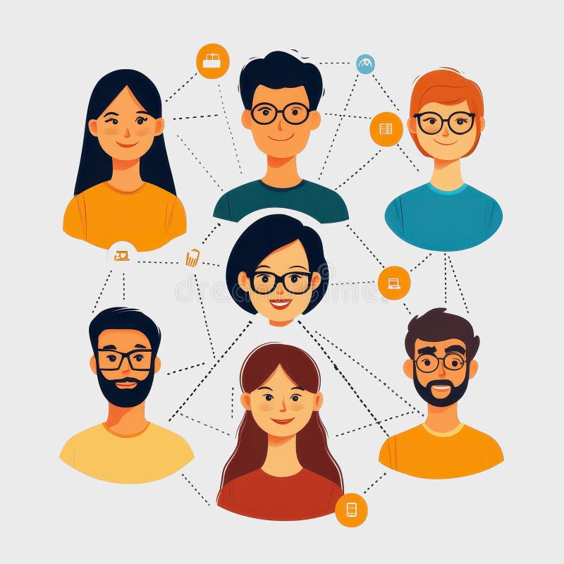 Seven Diverse Characters Connected in a Creative Network Illustration ...