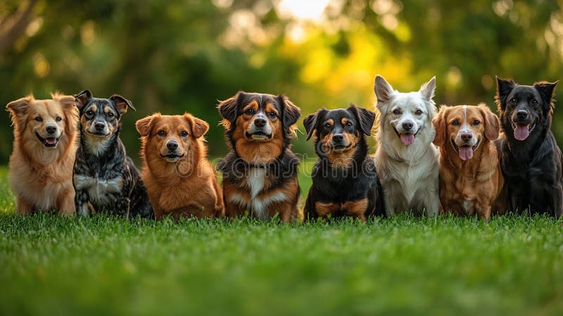 Seven Diverse Dogs Sitting in a Row on Green Grass, Looking at the ...
