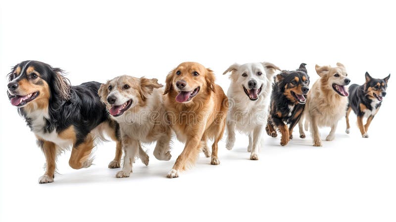 Seven Dogs of Various Breeds Running in a Line Against a White ...