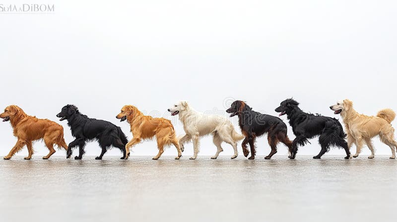 Seven Dogs of Various Breeds Walking in a Row Against a White ...