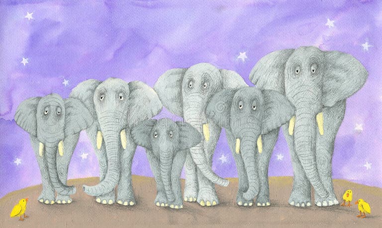 Seven Elephants and Three Birds Stock Illustration - Illustration of ...