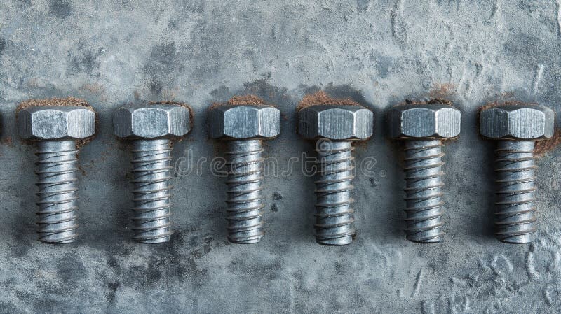 Seven Evenly Spaced Shiny Metal Bolts Arranged Horizontally on a Solid ...