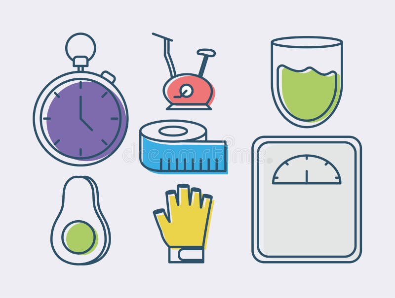 Seven fitness items stock vector. Illustration of glass - 225141310