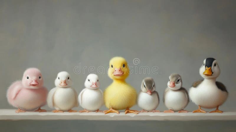 Seven Fluffy Ducklings in a Row Pastel Colors Soft Lighting Studio Shot ...