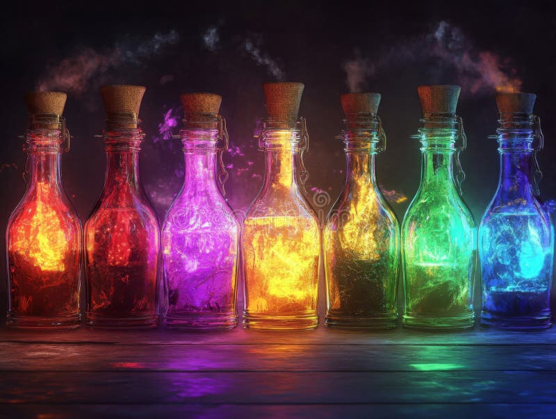 Seven Glass Bottles with Glowing Liquids and Smoke Stock Illustration ...