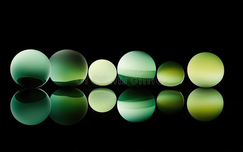 Seven Green Spheres Arranged on a Reflective Surface Under Soft ...