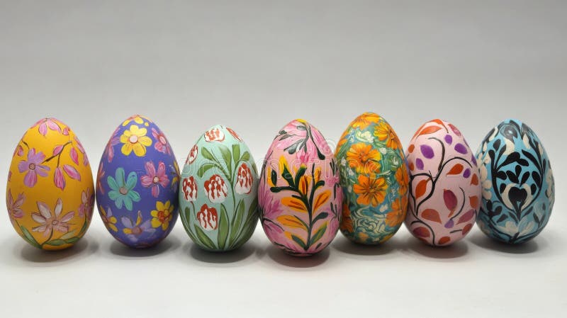 Seven Hand-Painted Easter Eggs with Floral Patterns Stock Illustration ...