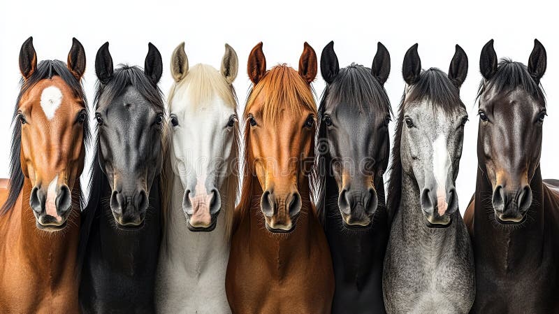 Seven Horses of Different Breeds and Colors Stand Side by Side Against ...