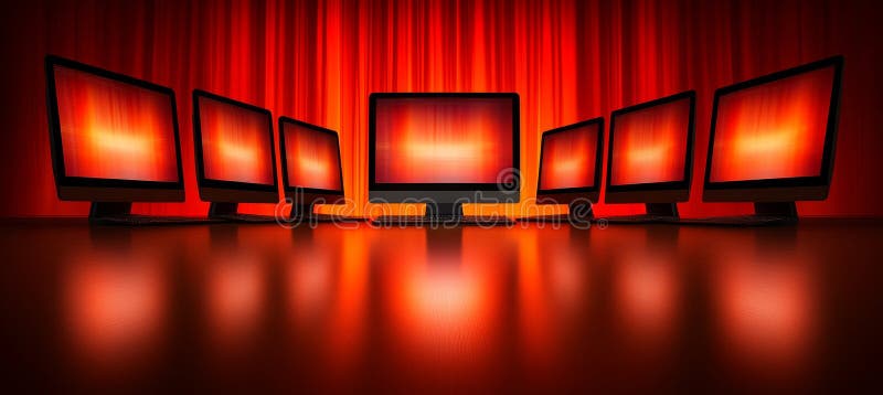 Seven LED Monitors on Stage with a Red Background, Information ...