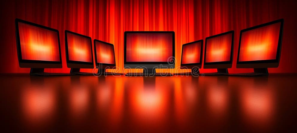 Seven LED Monitors on Stage with a Red Background, Information ...