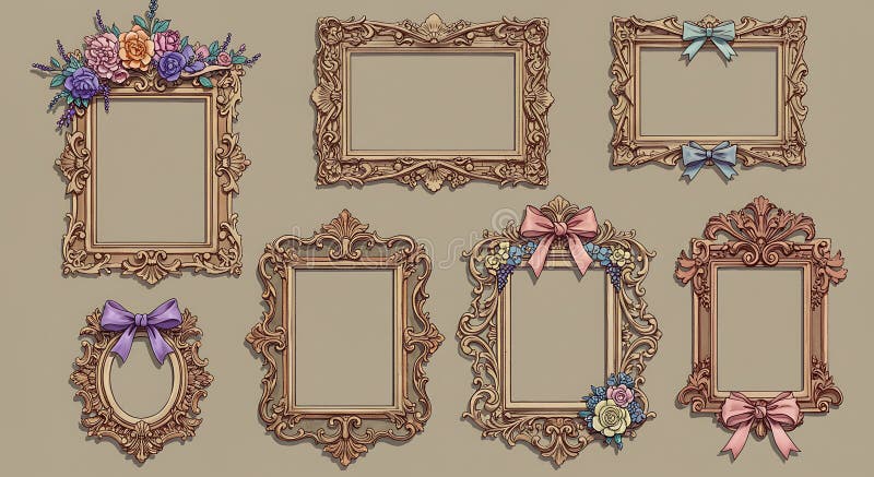 Seven Ornate Frames are Arranged Against a Plain Background. Each Frame ...