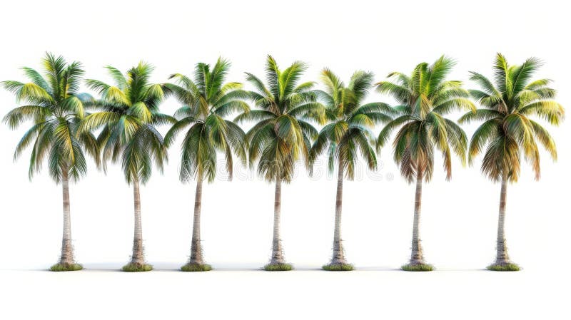 Seven Palm Trees in a Row on White Background Tropical Nature Concept ...