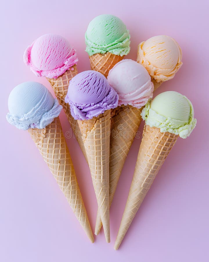 Seven Pastel Colored Scoops of Frozen Dessert in Waffle Cones on a ...