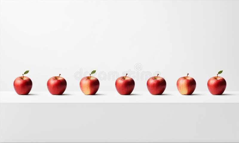 Row of Red Apples with Leaves, on a White Background Stock Illustration ...