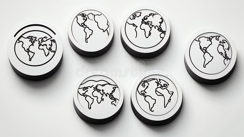 Seven Round Objects with World Maps in Black Outline on a White Surface ...