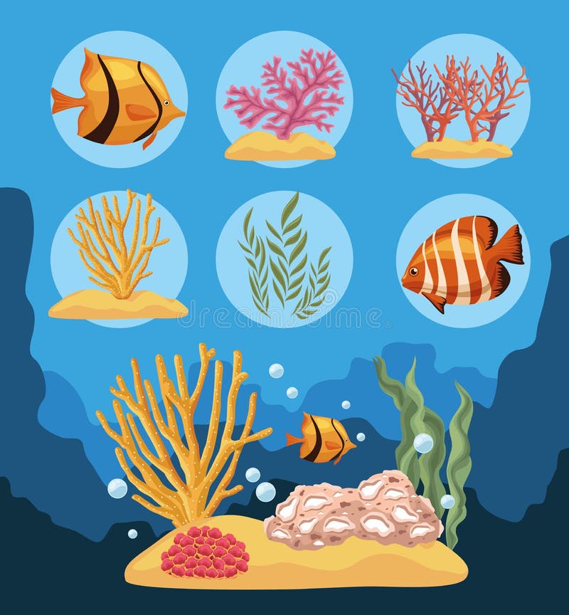 Seven sea life icons stock vector. Illustration of aquatic - 235153417