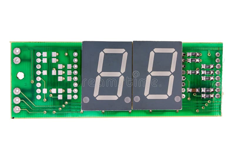 Seven Segment Indicators on a Green Circuit Board Isolated on White ...