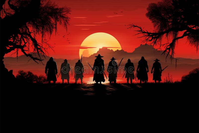 Seven Silhouetted Samurai, a Formidable Force Beneath the Rising Sun ...