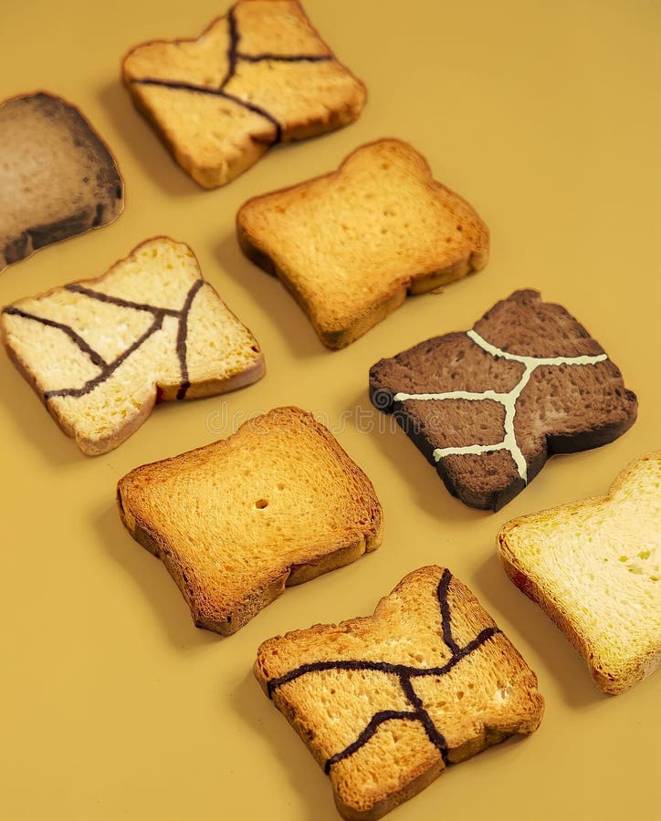 Seven Slices of Toasted Bread, Some with Chocolate Designs, Arranged on ...